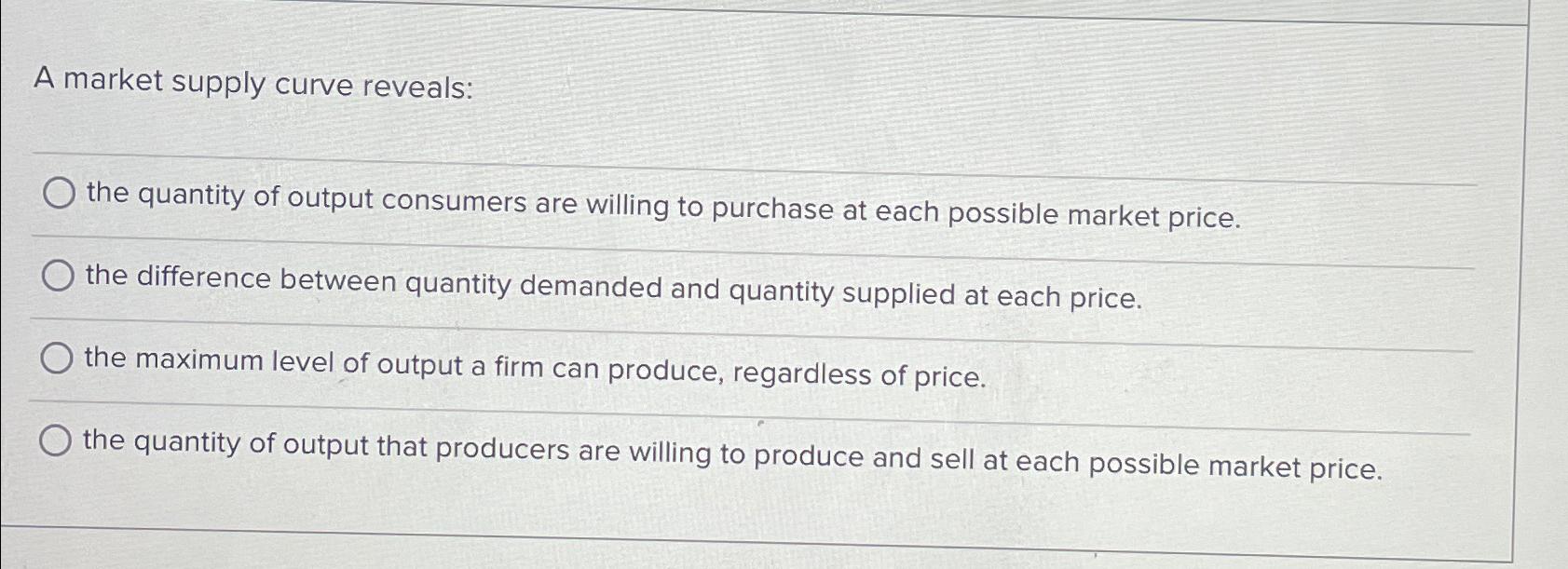Solved A market supply curve reveals:the quantity of output | Chegg.com