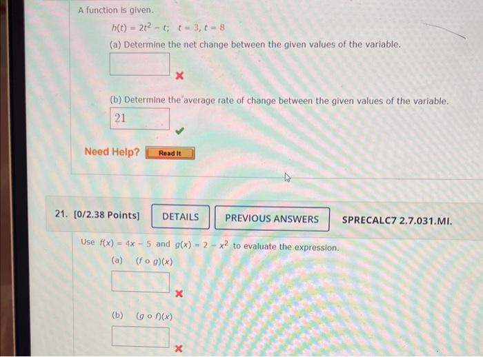Solved A function is given. h(t)=2t2−t;t=3,t=8 (a) Determine | Chegg.com