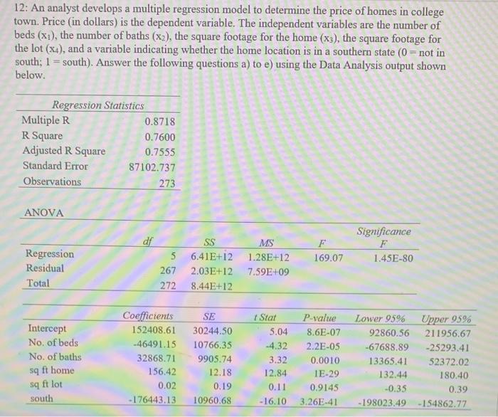 Solved 12: An analyst develops a multiple regression model | Chegg.com