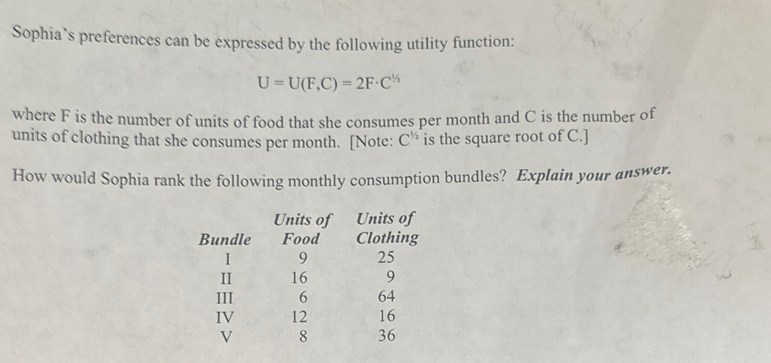Solved Sophia's preferences can be expressed by the | Chegg.com