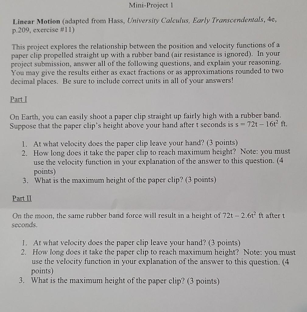 Solved Mini-Project 1 Linear Motion (adapted from Hass, | Chegg.com