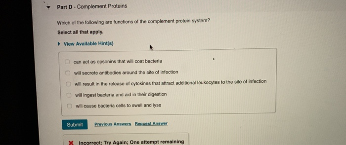 Solved Part D - Complement Proteins Which of the following | Chegg.com