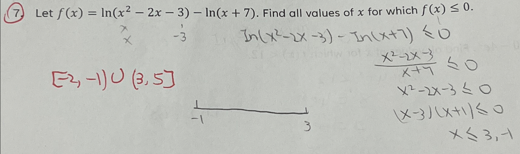 Solved (7.) Let f(x)=ln(x2-2x-3)-ln(x+7). Find all values | Chegg.com Solved (7.) Let f(x)=ln(x2-2x-3)-ln(x+7). Find all values | Chegg.com