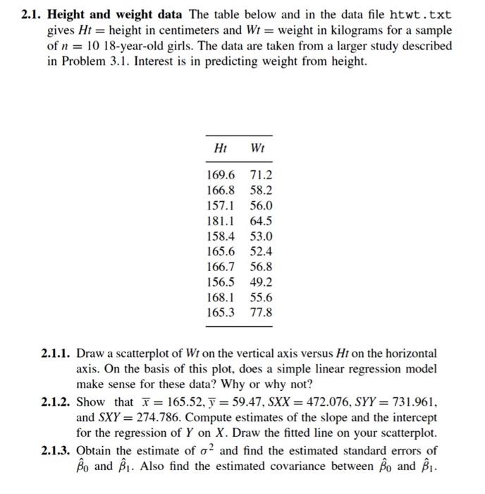 Solved 2.1. Height and weight data The table below and in | Chegg.com
