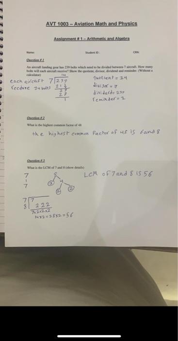 Solved AVT 1003 - Aviation Math and Physics Assignment 8 1 - | Chegg.com