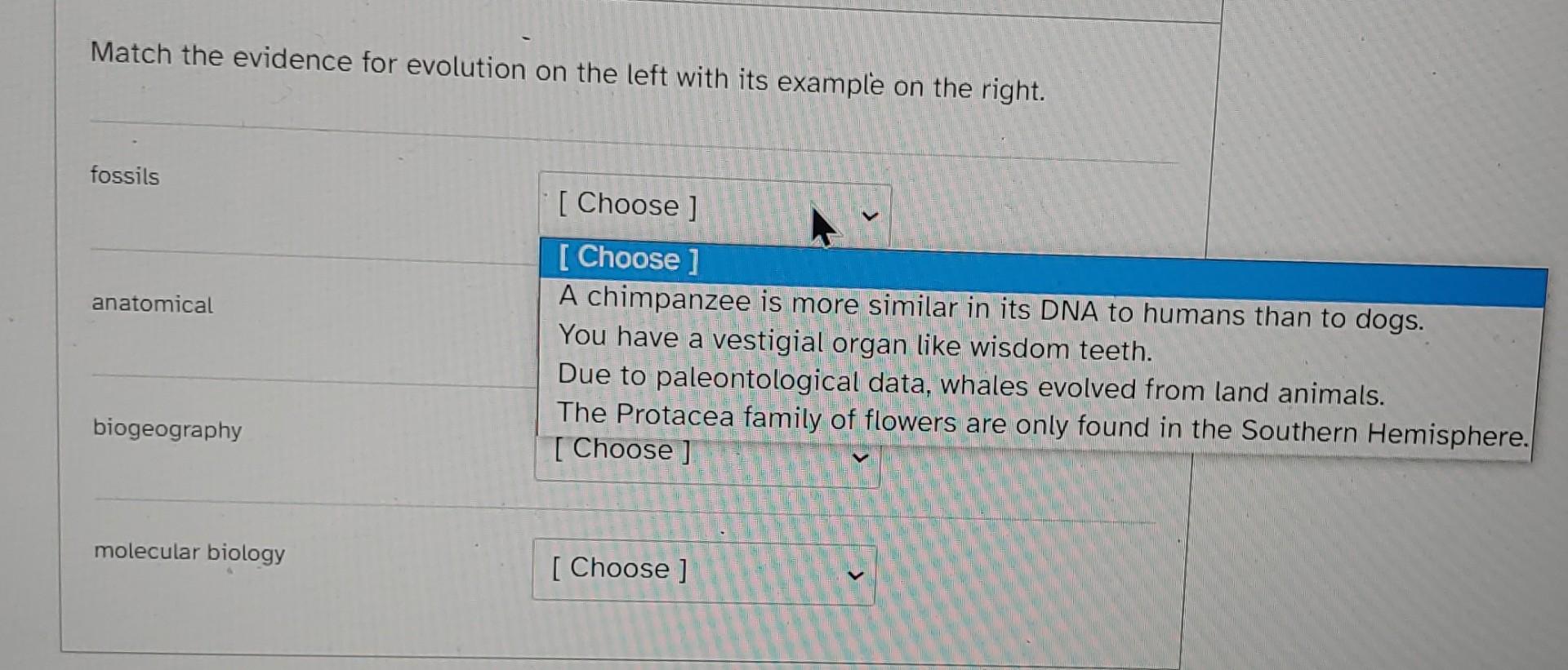 Solved Match the evidence for evolution on the left with its | Chegg.com