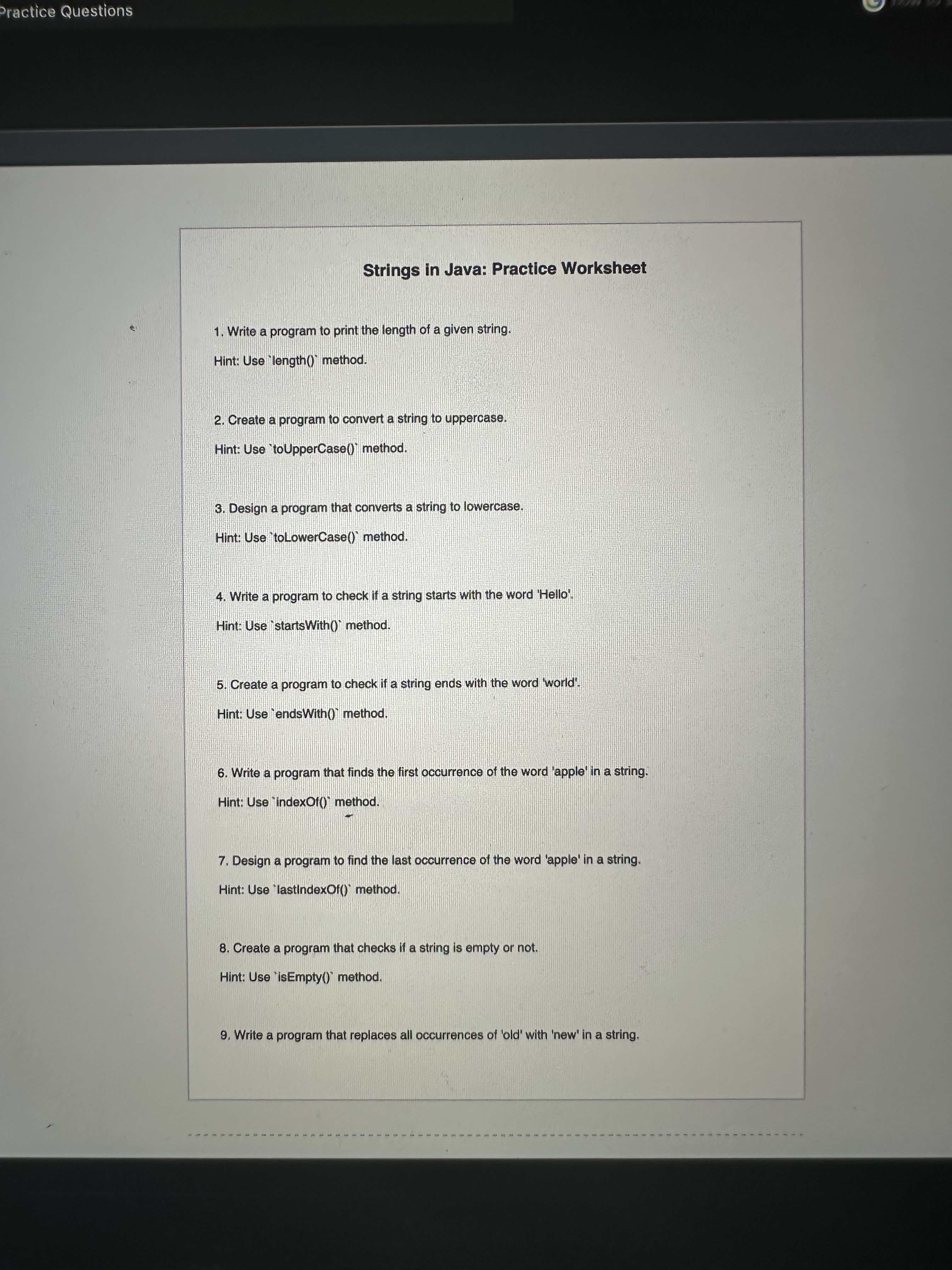 Solved Strings in Java: Practice WorksheetWrite a program to | Chegg.com