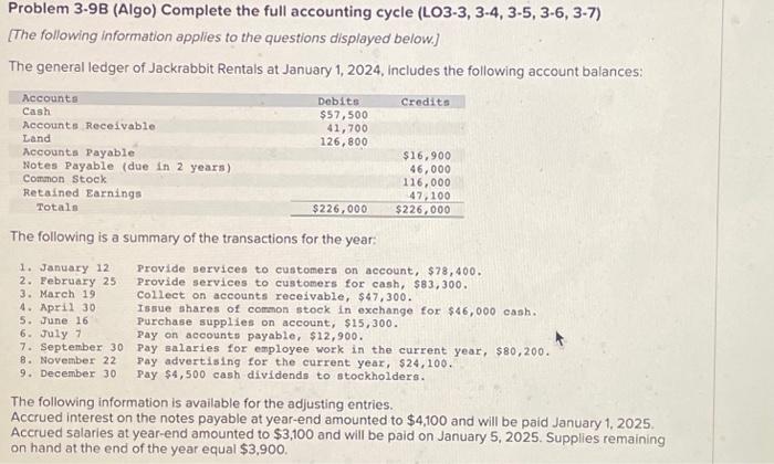 Solved Problem 3-9B (Algo) Complete the full accounting | Chegg.com