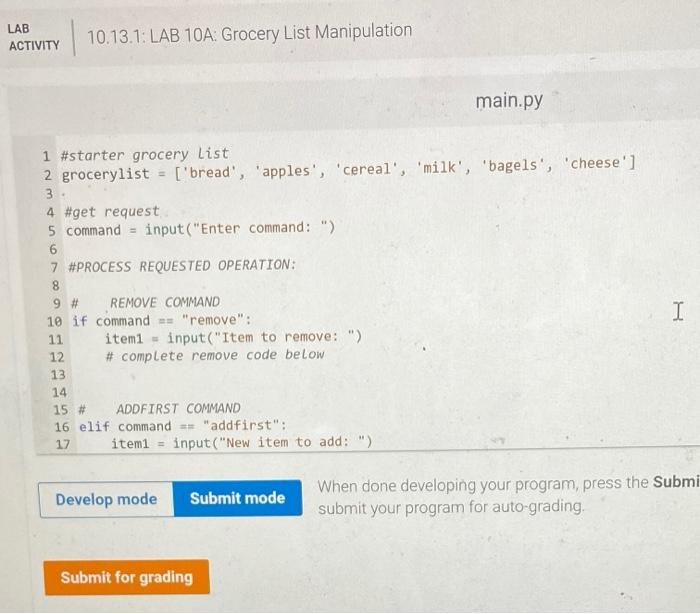 Solved 10.13 LAB 10A: Grocery List Manipulation Overview In | Chegg.com