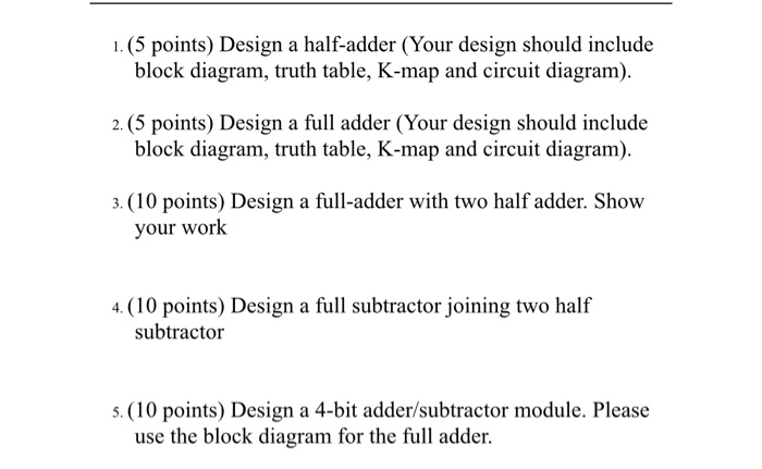 Solved 1. (5 points) Design a half-adder (Your design should | Chegg.com
