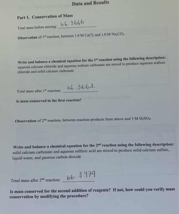 Solved Data and Results Part 1. Conservation of Mass 66.3666 | Chegg.com