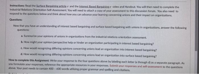 Solved Instructions: Read the Surface Bargaining article and | Chegg.com