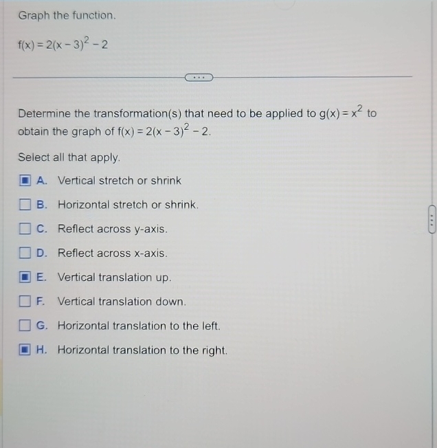 Solved Graph the function.f(x)=2(x-3)2-2Determine the | Chegg.com