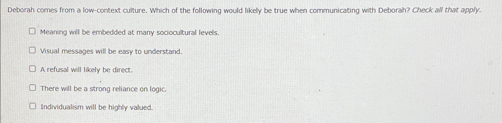 Solved Deborah comes from a low-context culture. Which of | Chegg.com