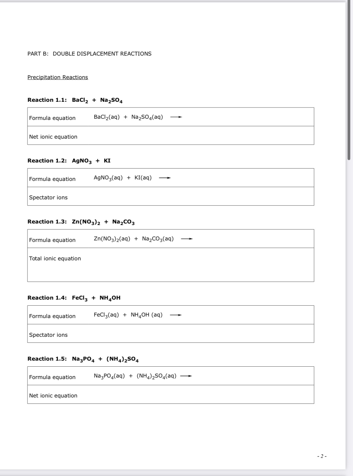 Solved PART B: DOUBLE DISPLACEMENT REACTIONSPrecipitation | Chegg.com