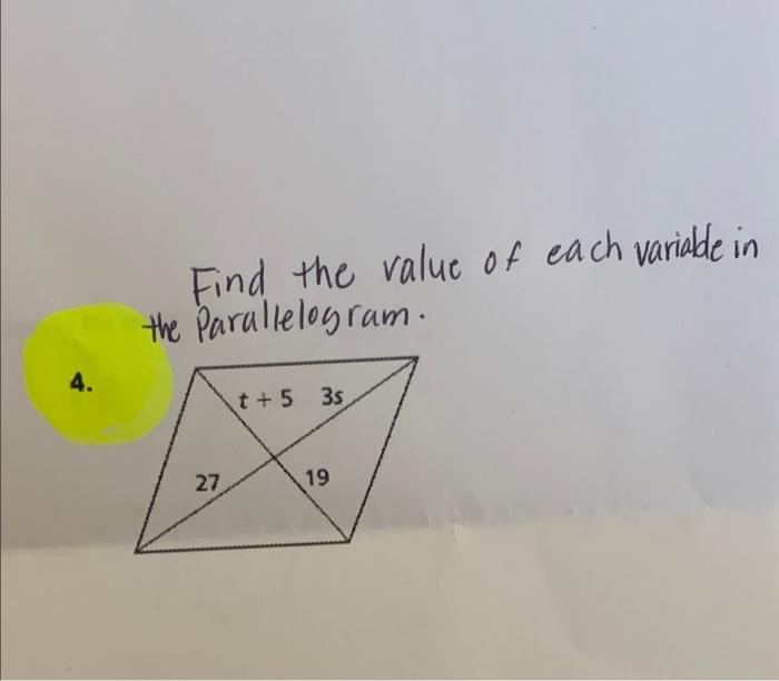 Solved Find The Value Of Each Variable In The Parallelogram