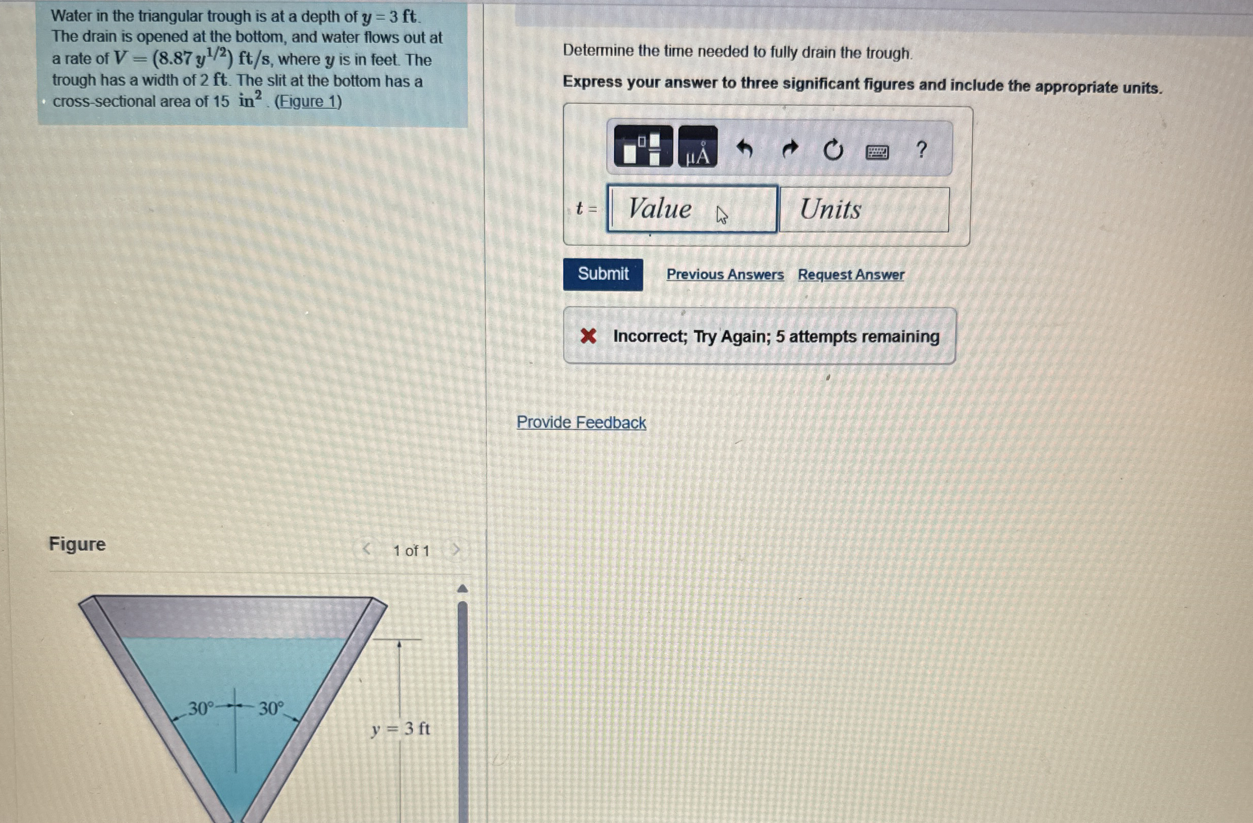 Solved Water in the triangular trough is at a depth of | Chegg.com