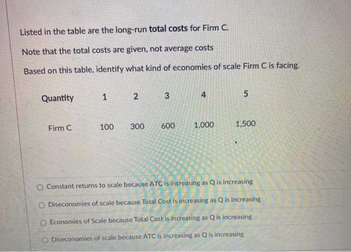 Solved Listed in the table are the long-run total costs for | Chegg.com