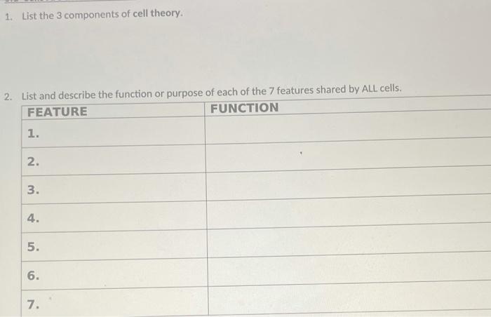 Solved 1. List the 3 components of cell theory. 2. List and | Chegg.com