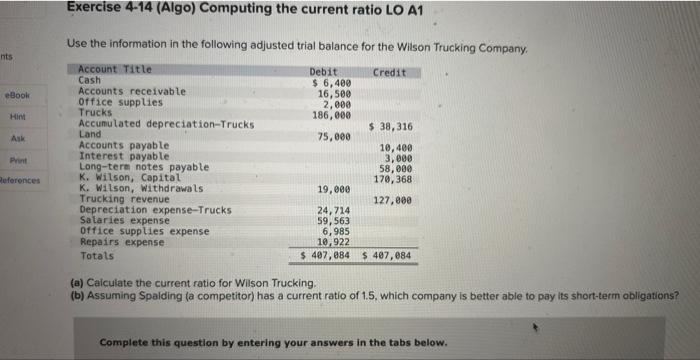 Solved Exercise 4-14 (Algo) Computing the current ratio LO | Chegg.com