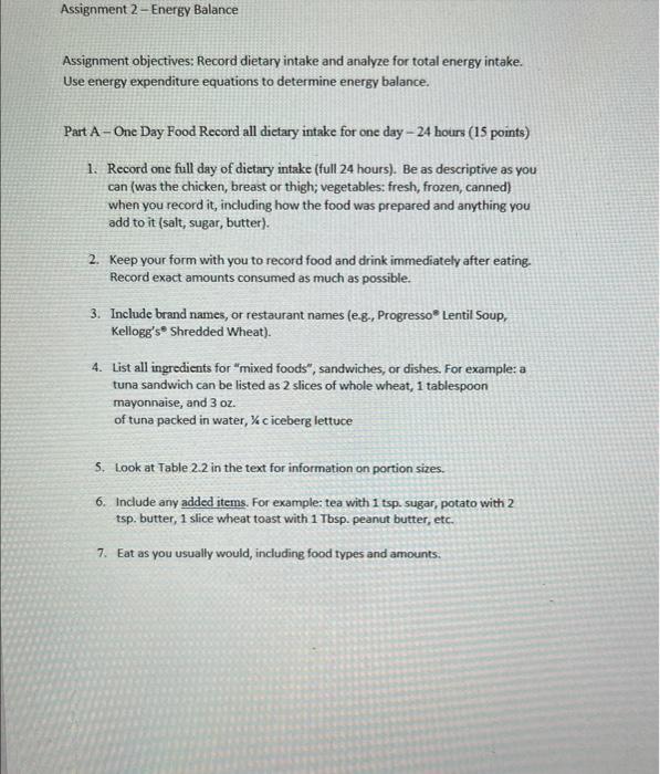 Solved Assignment objectives: Record dietary intake and | Chegg.com