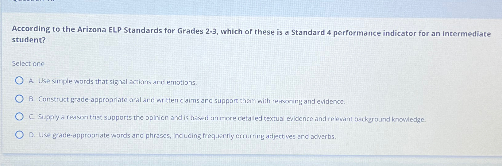 Solved According to the Arizona ELP Standards for Grades | Chegg.com