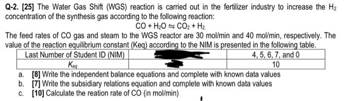 Solved Q-2. [25] The Water Gas Shift (WGS) reaction is | Chegg.com