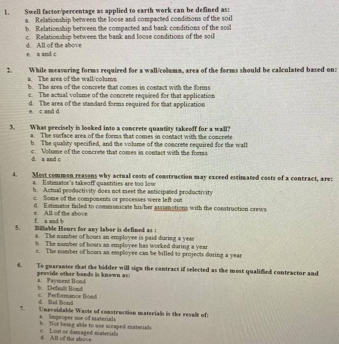 Solved 1. Swell factor/percentage as applied to earth work | Chegg.com