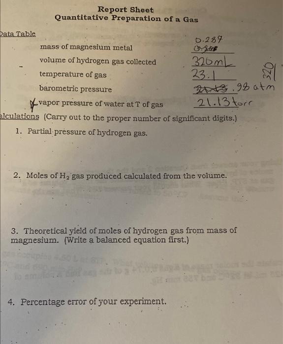 Solved Report Sheet Quantitative Preparation of a Gas | Chegg.com