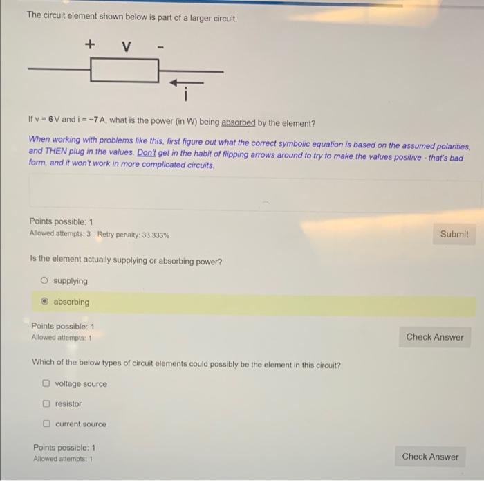 Solved The circuit element shown below is part of a larger | Chegg.com