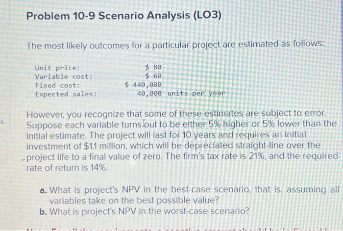 Solved Problem 10-9 Scenario Analysis (LO3) The most likely | Chegg.com