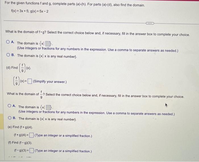 Solved f(x)=3x+5;g(x)=5x−2 (a) Find (f+g)(x). (t+g)(x)= | Chegg.com