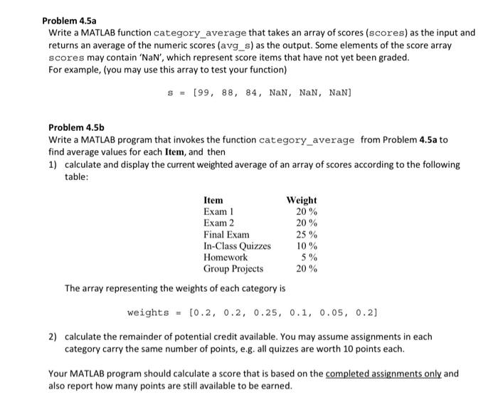 Solved Problem 4.5a Write a MATLAB function category_average | Chegg.com