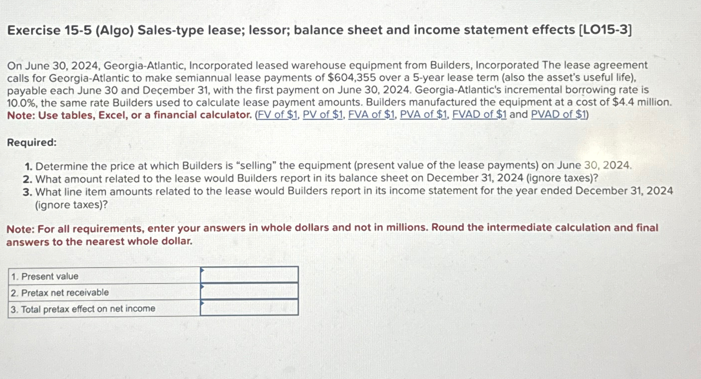 Solved Exercise 15-5 (Algo) ﻿Sales-type lease; lessor; | Chegg.com