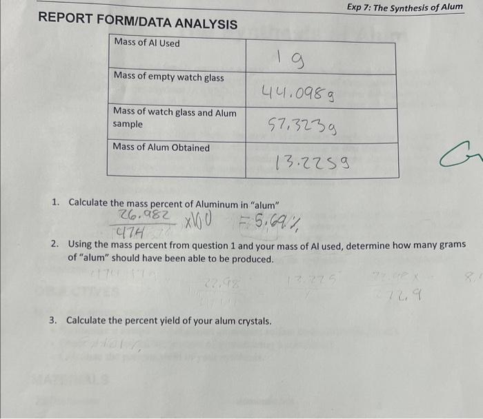 Solved REPORT FORM/DATA ANALYSIS 1. Calculate the mass | Chegg.com