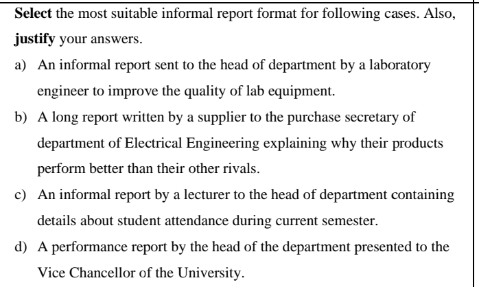 Solved Select the most suitable informal report format for | Chegg.com