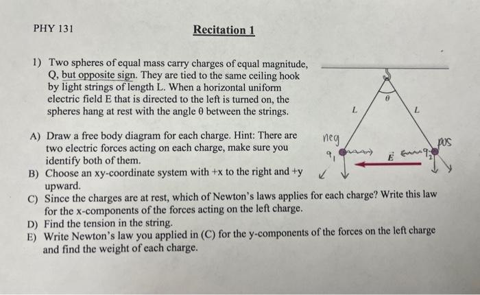 1) Two spheres of equal mass carry charges of equal | Chegg.com