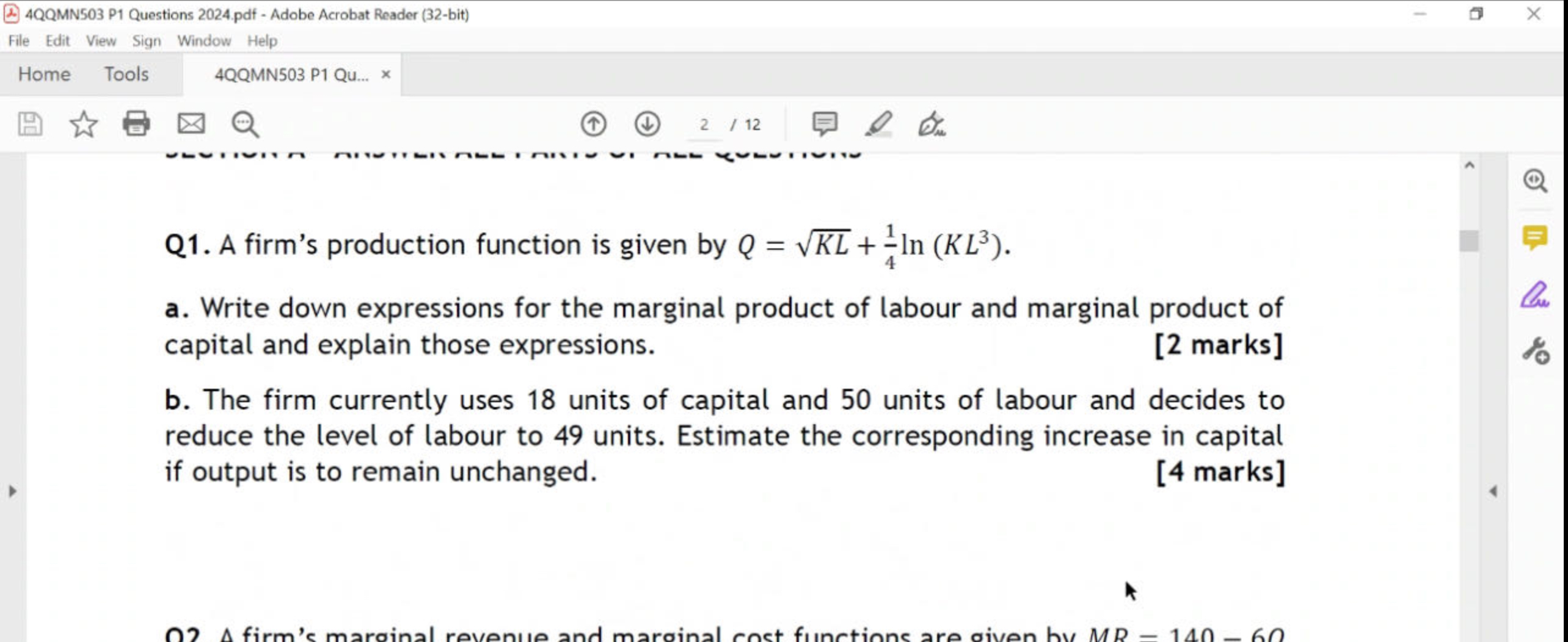 Solved Q1. ﻿A firm's production function is given by | Chegg.com