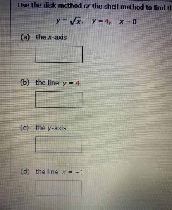 Solved Use the disk method or the shell method to find the | Chegg.com