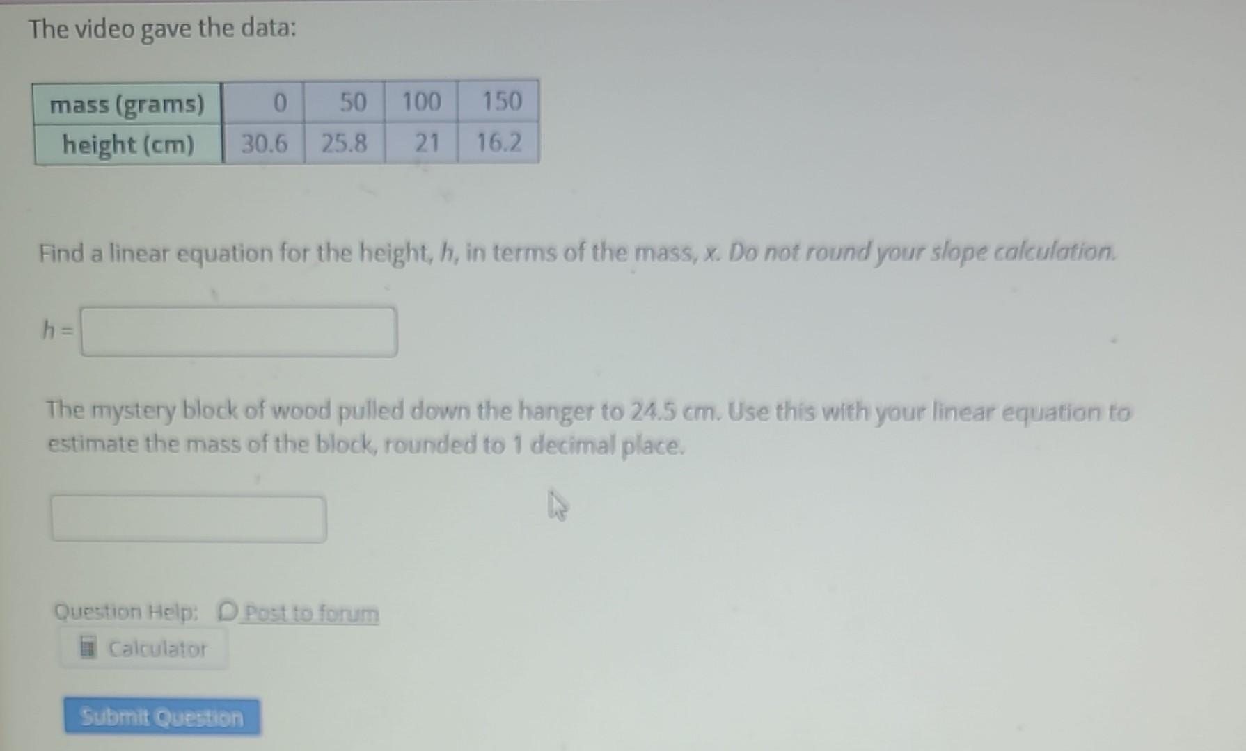 Solved The video gave the data: Find a linear equation for | Chegg.com