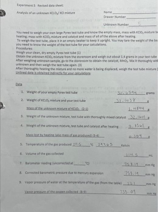 Analysis of an unknown KClO3/KCl maxture Name Drawer | Chegg.com