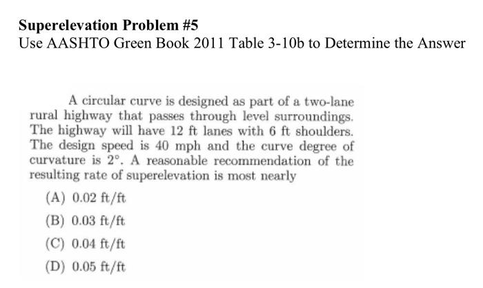 Solved Superelevation Problem #5 Use AASHTO Green Book 2011 | Chegg.com