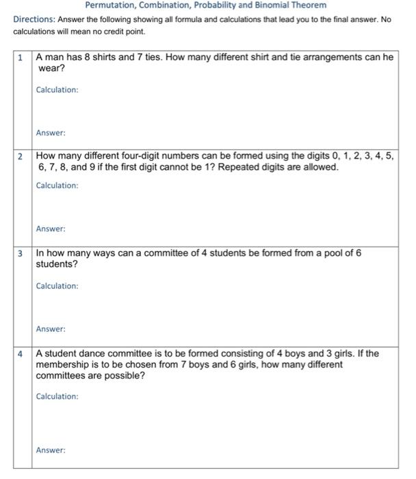 Solved Permutation, Combination, Probability and Binomial | Chegg.com
