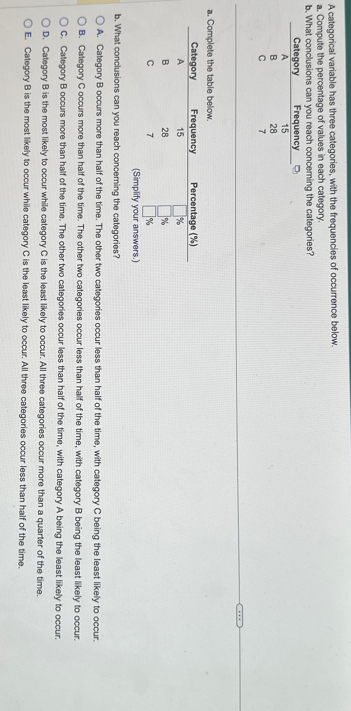 Solved A categorical variable has three categories, with the | Chegg.com