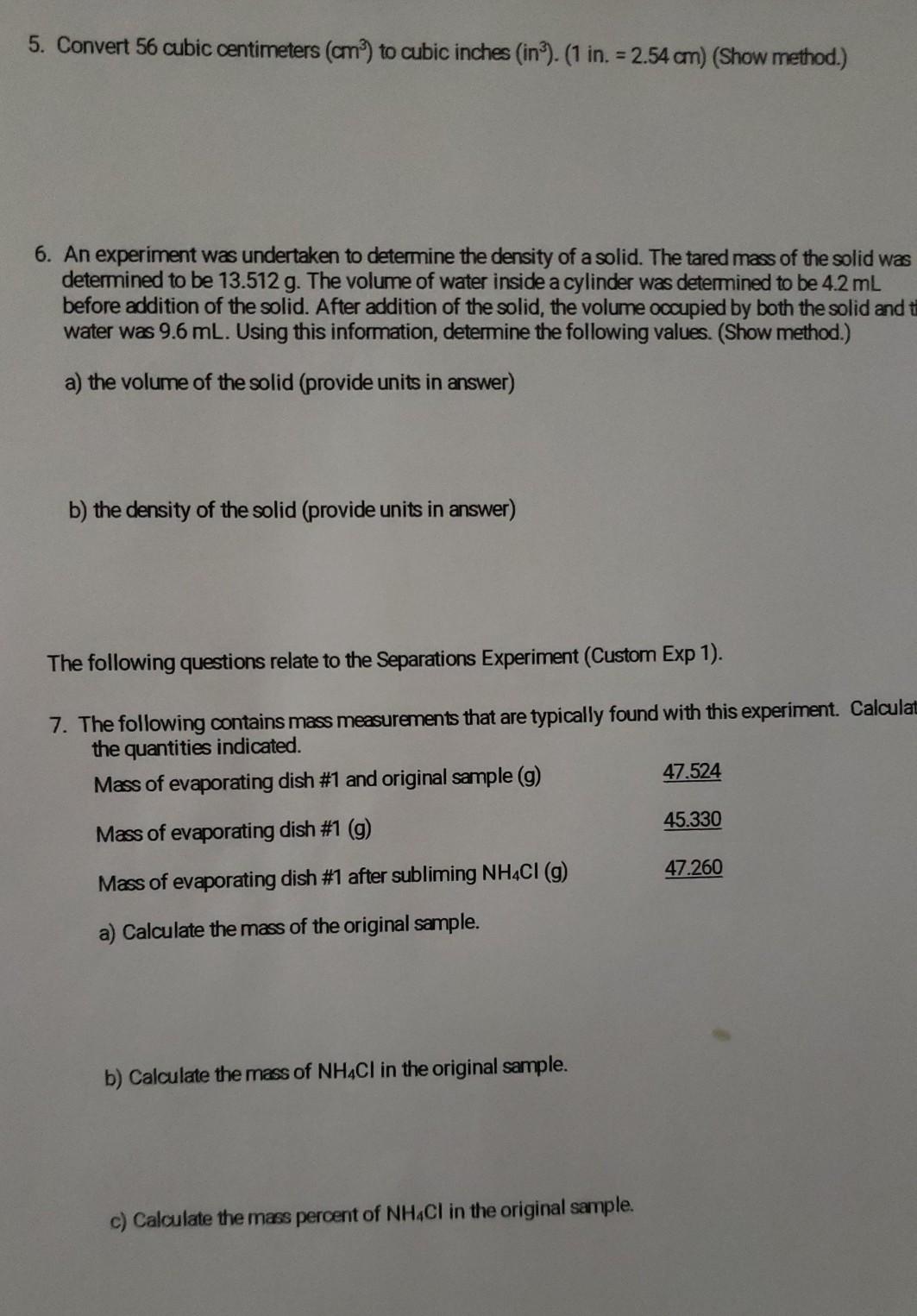 Solved 5. Convert 56 cubic centimeters (cm) to cubic inches | Chegg.com