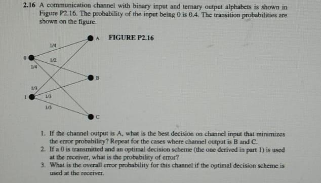 Solved 2.16 A communication channel with binary input and | Chegg.com