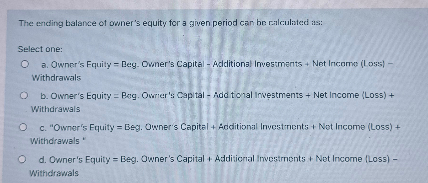 Solved The ending balance of owner's equity for a given | Chegg.com