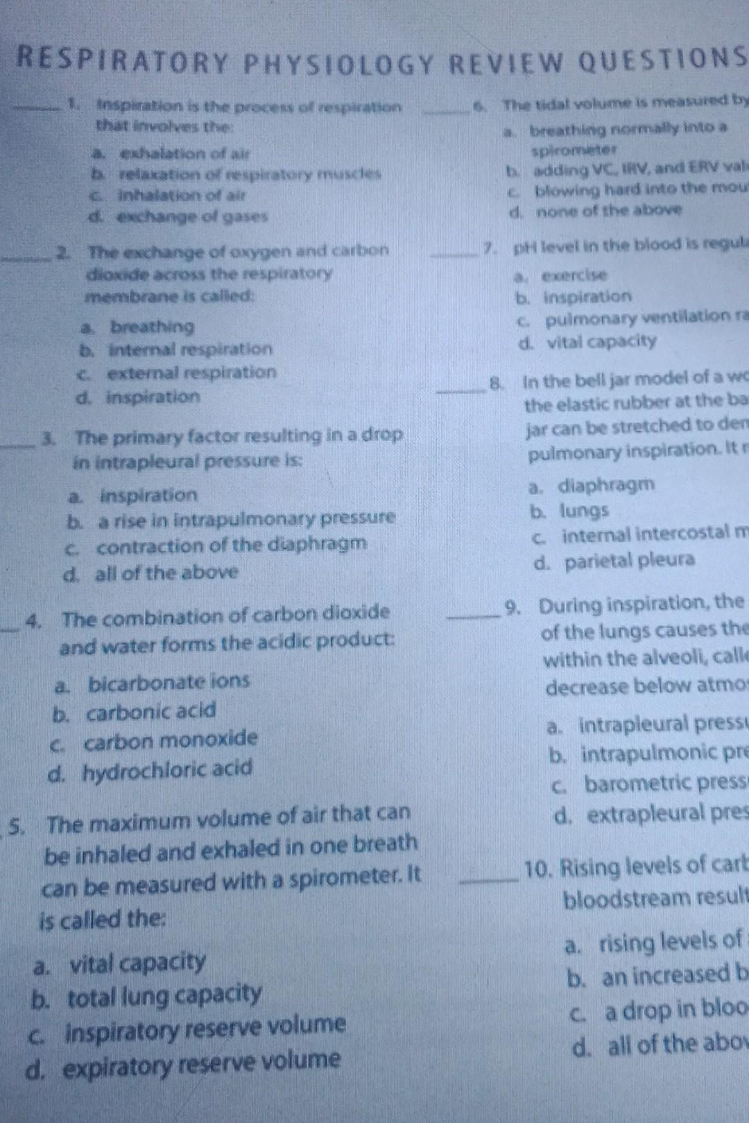 RESPIRATORY PHYSIOLOGY REVIEW QUESTIONS 1. | Chegg.com