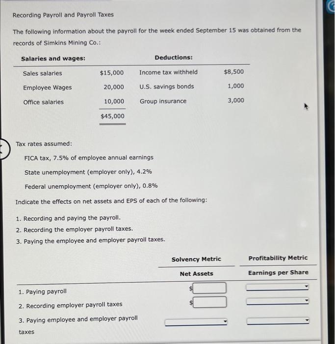 Solved Recording Payroll and Payroll Taxes The following | Chegg.com