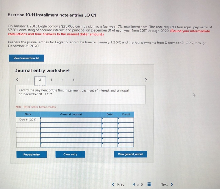 Solved Exercise 10-11 Installment note entries LO C1 On | Chegg.com
